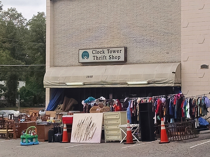 The unassuming exterior of Clock Tower Thrift Shop promises little but delivers a treasure hunter's paradise inside. Orange cones guard furniture finds like sentries at a bargain kingdom.