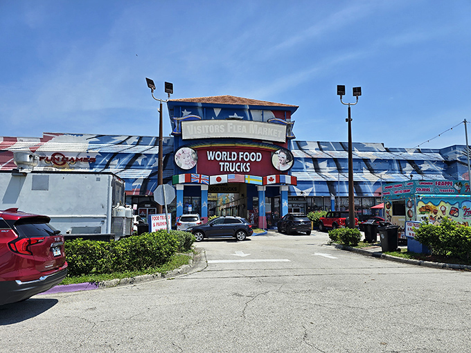 The gateway to bargain paradise! Visitors Flea Market's colorful entrance promises international flavors and treasures waiting to be discovered inside.