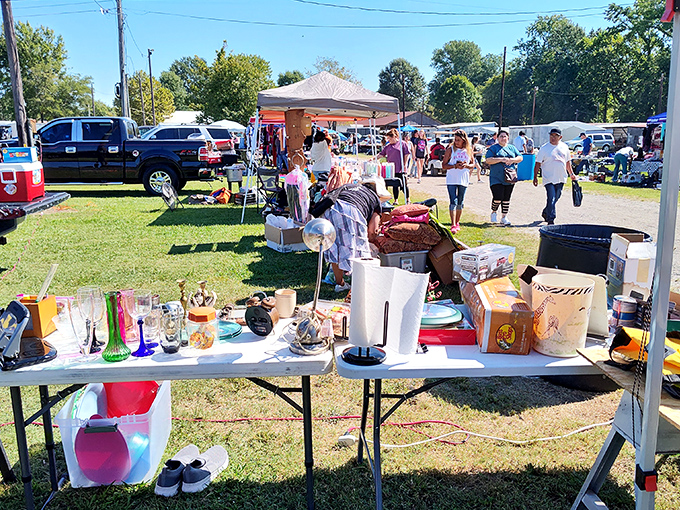 A treasure hunter's paradise unfolds under the Mississippi sun, where tables laden with potential discoveries await the curious and the nostalgic.