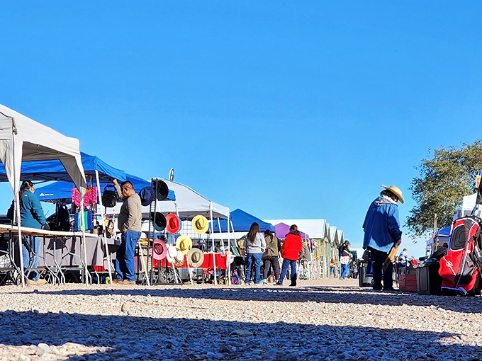 Under New Mexico's impossibly blue sky, treasure hunters navigate a maze of canopies and tables, each one promising undiscovered gems and unexpected bargains.