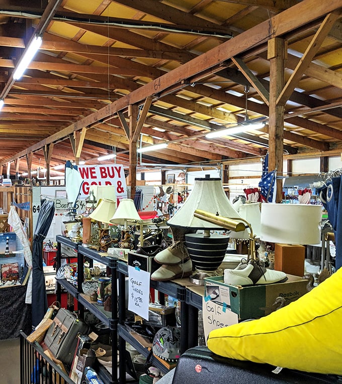 Treasure hunter's paradise! Vintage lamps illuminate a world of possibilities under rustic wooden beams where yesterday's treasures await tomorrow's homes.