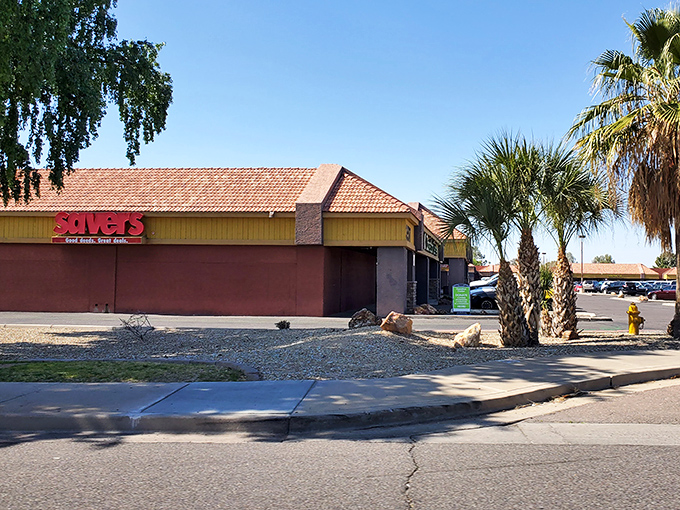 Palm trees frame this Savers location, where the exterior's modest appearance belies the treasure trove waiting inside.