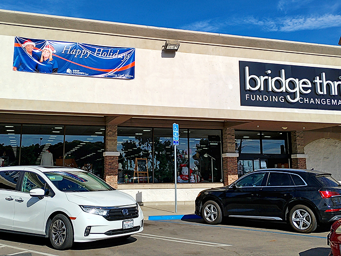 The storefront beckons like a siren call to bargain hunters, promising treasures behind those glass doors that would make any thrift enthusiast's heart race.