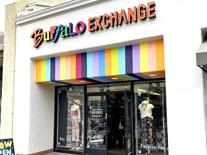 The rainbow-striped awning of Buffalo Exchange isn't just eye-catching&mdash;it's a beacon for bargain hunters seeking fashion gold in Pasadena.