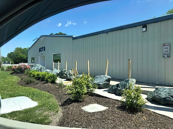 Thoughtful landscaping surrounds this thrift mecca, proving that good taste extends beyond the merchandise to the grounds themselves.