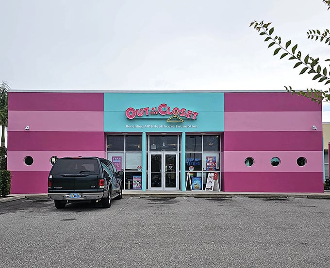 The unmistakable pink and teal facade of Out of the Closet stands out like a fashionable beacon in St. Petersburg, promising treasure hunters a colorful shopping adventure.