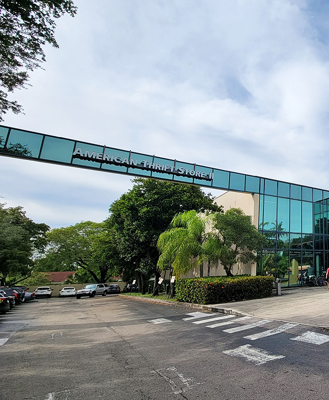 The sleek glass facade of American Thrift Stores in Lauderhill defies thrift store stereotypes. Palm trees and Florida sunshine welcome treasure hunters to this unexpected retail paradise.
