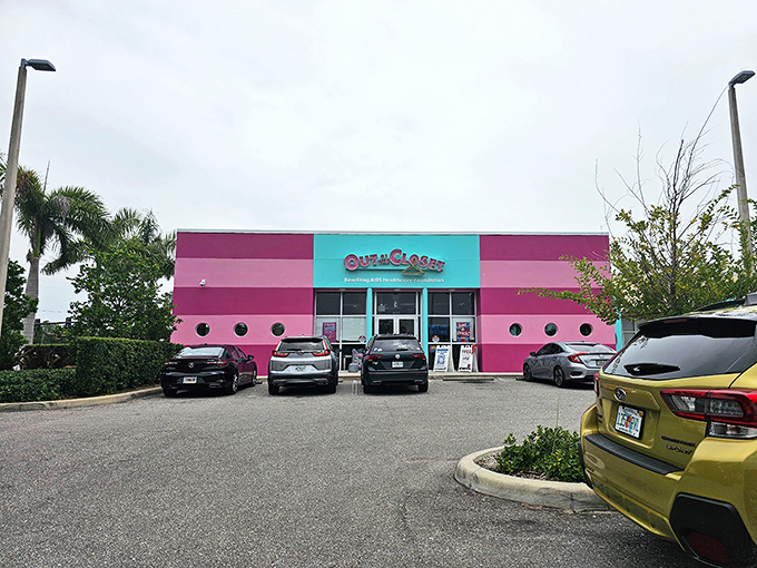 The unmistakable pink and teal facade of Out of the Closet stands out like a fashionable beacon in St. Petersburg, promising treasure hunters a colorful shopping adventure.