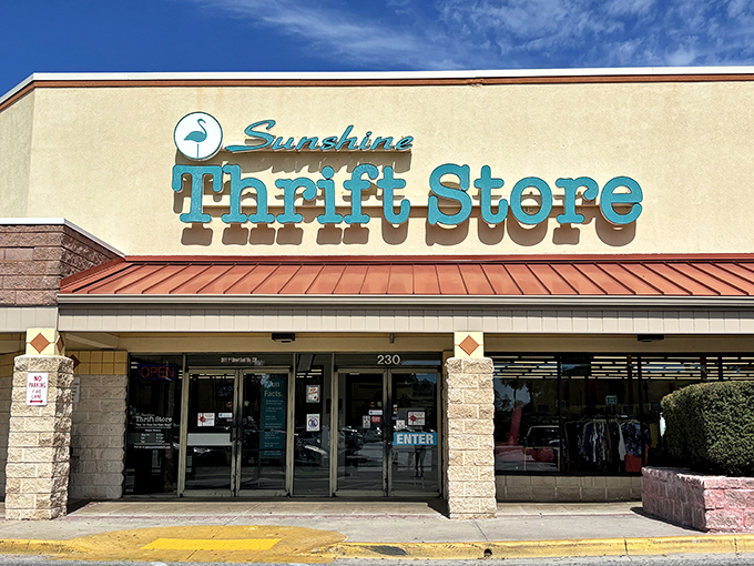Under Florida's blue skies, the Sunshine Thrift storefront promises air-conditioned relief and endless possibilities for bargain adventurers.