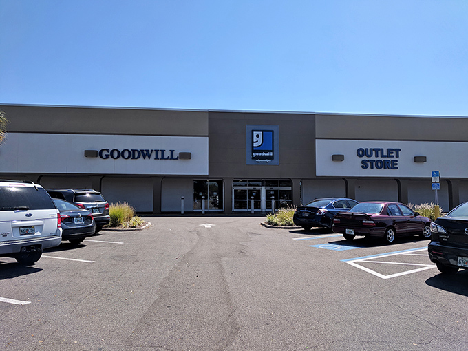 The unassuming exterior of Goodwill's Taft Outlet Store in Orlando hides a treasure hunter's paradise within. Blue skies and bargains await!