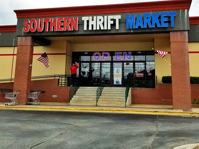 The red, white, and blue signage of Southern Thrift Market stands out like a beacon of bargain hope in Norcross. Treasure hunting starts here!