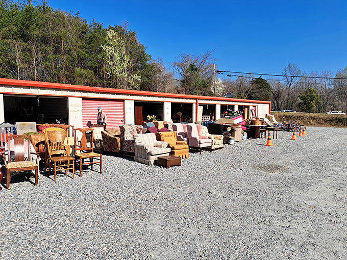 Furniture treasures bask in Georgia sunshine outside Community Thrift Store, where yesterday's living rooms await new homes and stories.
