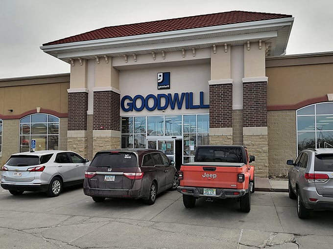 Like a retail oasis in the Iowa landscape, this Goodwill location beckons bargain hunters with its distinctive blue signage.