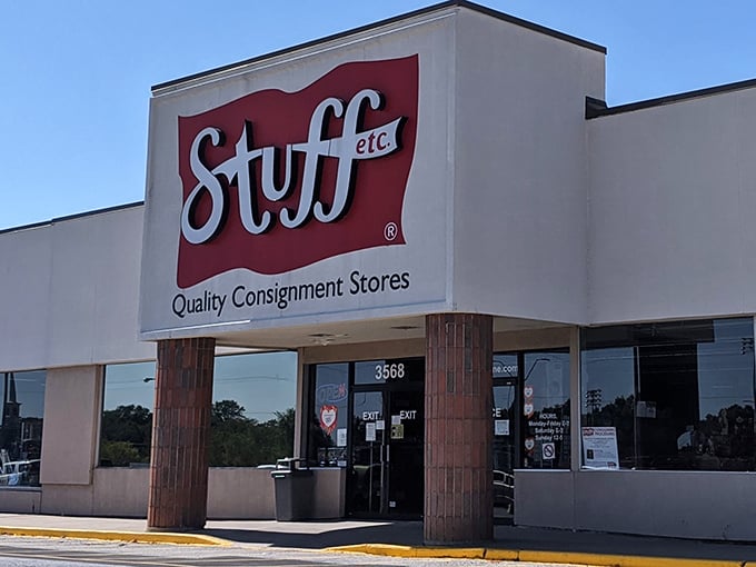 The bold red Stuff Etc sign pops against the Iowa sky, inviting thrifters to embark on hours of secondhand treasure hunting.