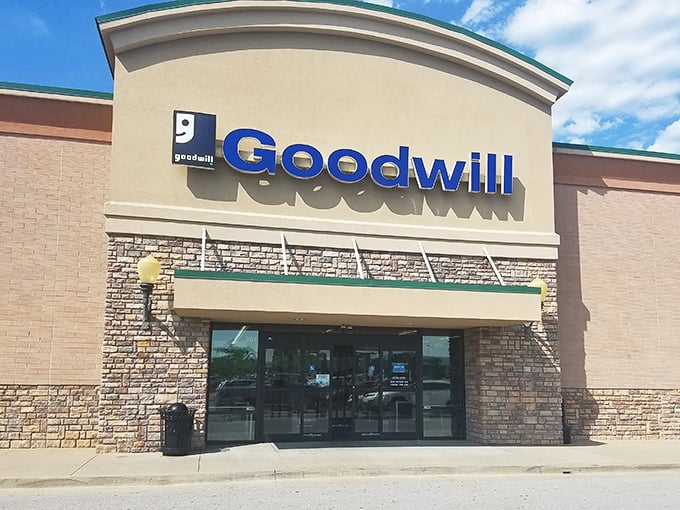 Where treasure hunting begins: The stone-accented entrance promises adventures in thrifting that no online shopping cart can replicate.