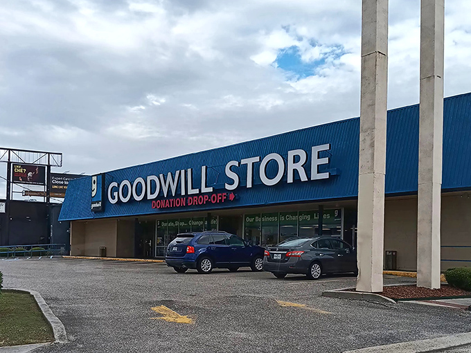 The blue-roofed bargain paradise beckons shoppers with its bold signage and promise of treasures waiting inside.