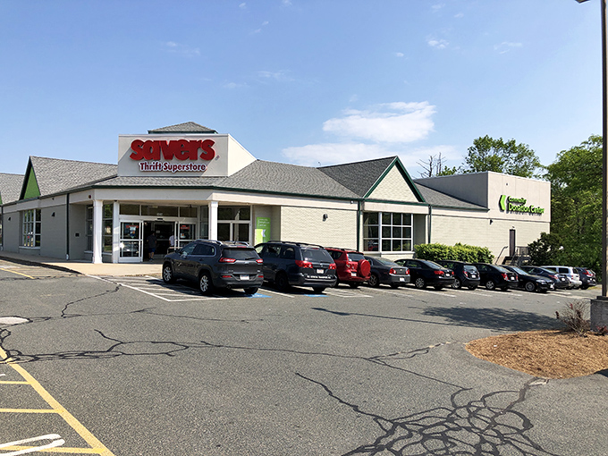 The Savers storefront in Hanover stands ready for treasure hunters, like a retail version of El Dorado where the gold costs less than your morning coffee.