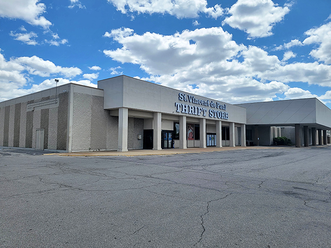 The unassuming facade of St. Vincent de Paul Thrift Store - where treasure hunting begins beneath those big block letters promising adventure.