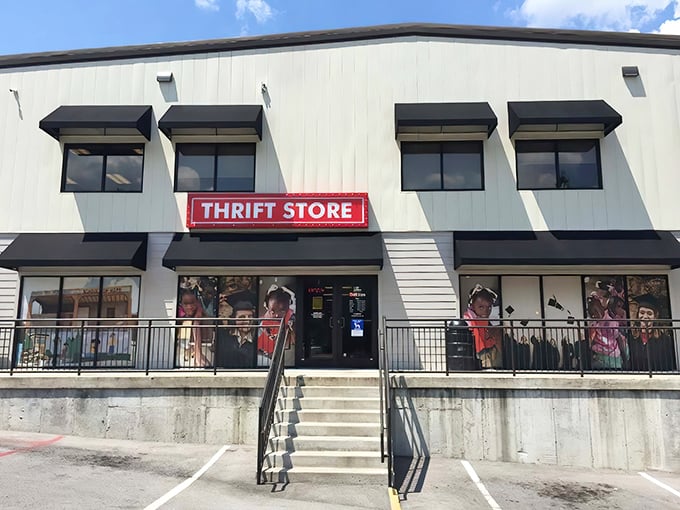 The unassuming exterior of Elevate Thrift Store stands like a treasure chest waiting to be opened. No fancy frills needed when the real gems are inside. 