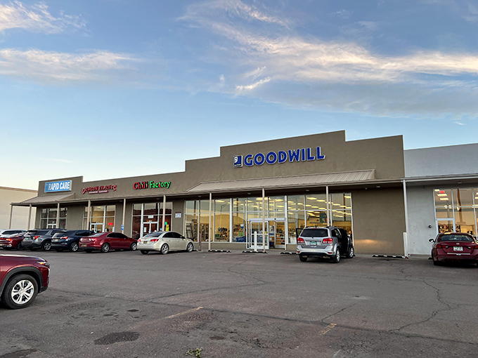 A wider view reveals Goodwill's prime real estate, nestled between the Chili Factory and Lady Luck&mdash;because finding vintage treasures works up an appetite!