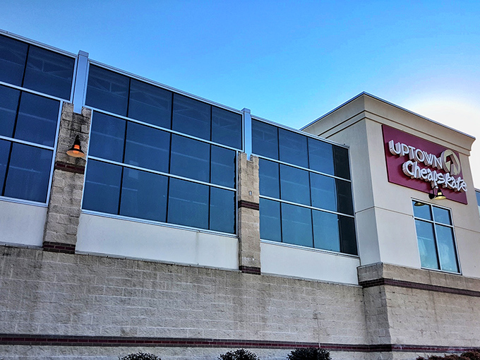 The modern storefront beckons like a fashion oasis in the retail desert. Red signage promises treasures within that won't empty your wallet. 