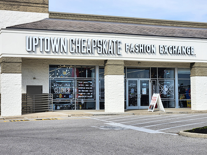The storefront promises fashion treasures without the financial guilt. Uptown Cheapskate's bright exterior is like a beacon for budget-conscious style hunters.