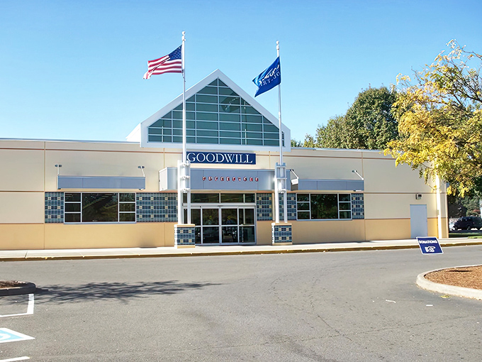 The superstore facade practically shouts "bargain hunters welcome" with its cheerful blue and yellow exterior design.