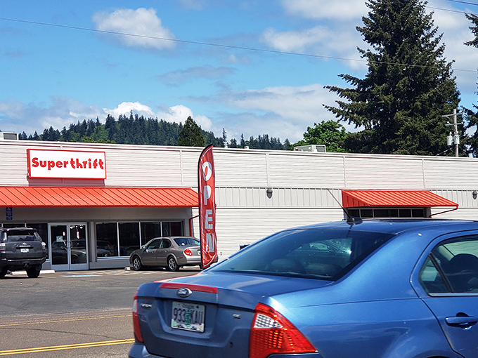 SuperThrift's iconic red signage stands out against Oregon's blue skies like a beacon calling all bargain hunters to their treasure-hunting paradise.