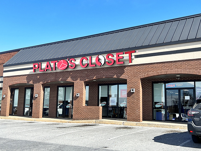 The brick-and-mortar fashion oasis that proves second-hand doesn't mean second-best. Plato's Closet's distinctive red signage welcomes bargain hunters to paradise.