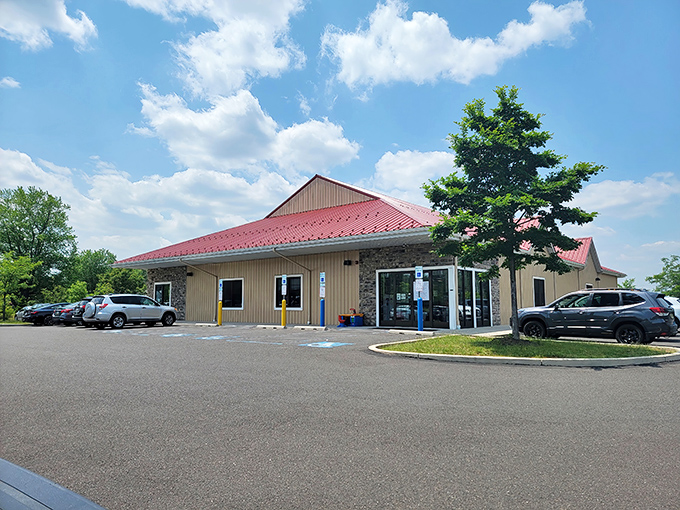 Nova Thrift Shop stands proudly with its distinctive red roof and stone accents, like a beacon calling to treasure hunters from across Pennsylvania on a perfect blue-sky day.
