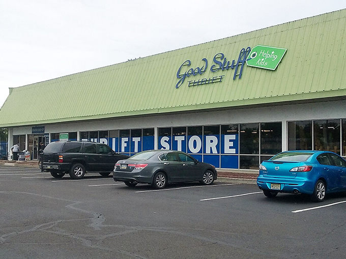 The green exterior of Good Stuff Thrift beckons like a beacon of bargain hope. Your wallet's about to have its best day in years.