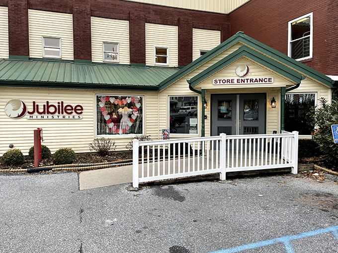 The welcoming storefront of Jubilee Ministries beckons with its charming green-roofed entrance, promising treasure hunts that won't require a second mortgage.