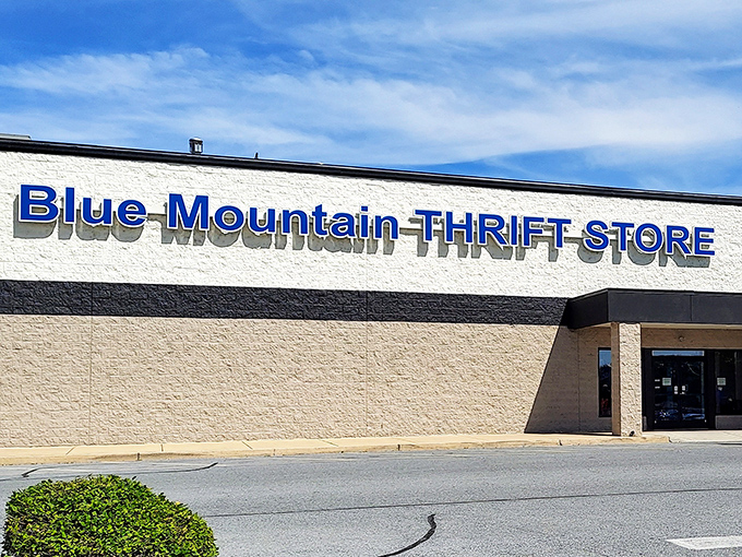 The unassuming exterior of Blue Mountain Thrift Store promises treasures beyond your wildest suburban dreams.