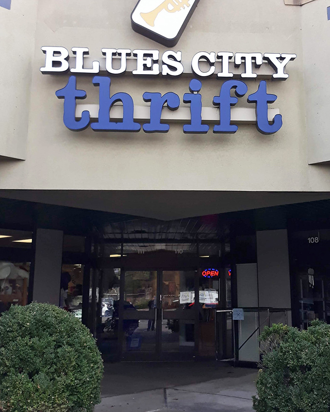 The iconic blue and white signage of Blues City Thrift beckons treasure hunters like a siren song for the bargain-obsessed. Memphis magic awaits inside!