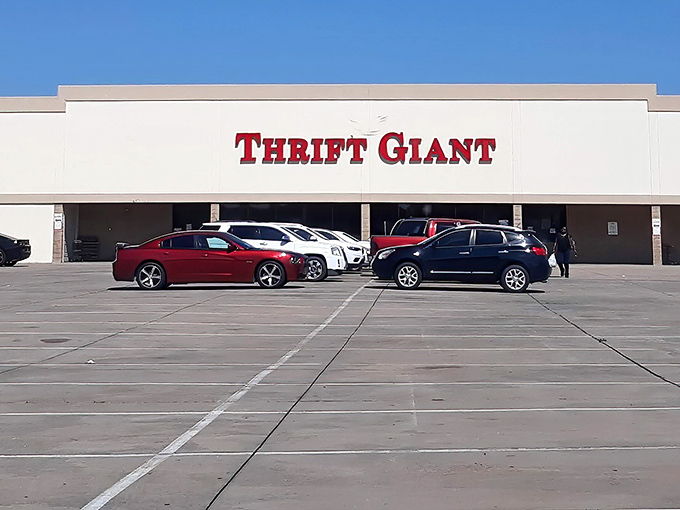 The bold red lettering of Thrift Giant beckons like a siren song to bargain hunters cruising along State Highway 121 in Lewisville.