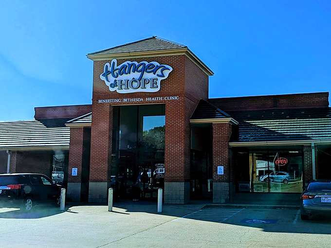 Another angle of thrift paradise &ndash; where your $40 trunk-filling adventure begins under that iconic blue sign in Tyler.