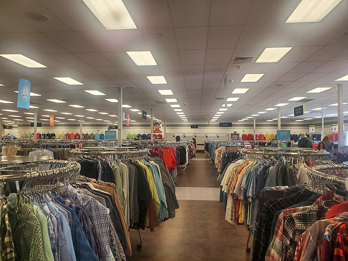 Rows upon rows of clothing stretch toward the horizon, a textile landscape where yesterday's fashion finds tomorrow's admirers.