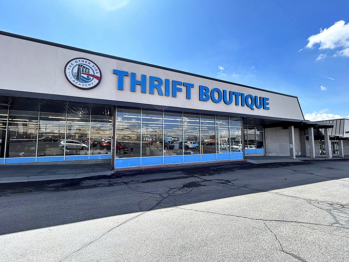 The storefront promises treasures, and that blue stripe isn't lying about what awaits inside this Millcreek wonderland.