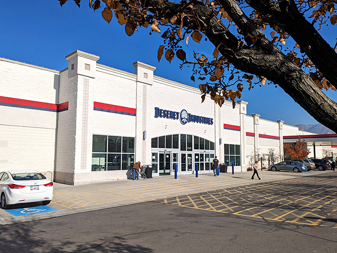 The white facade with its distinctive blue signage and red stripe stands like a retail fortress of possibility. Treasure hunters, your quest begins here!