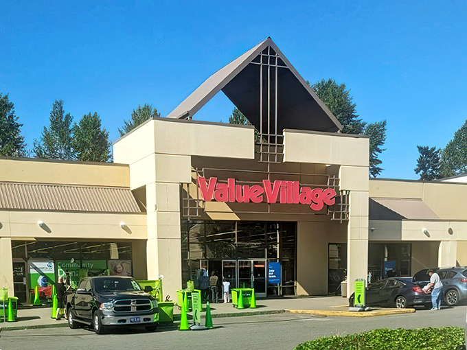 The architectural equivalent of a treasure chest, Value Village's distinctive peaked roof stands ready to welcome bargain hunters and nostalgia seekers alike.