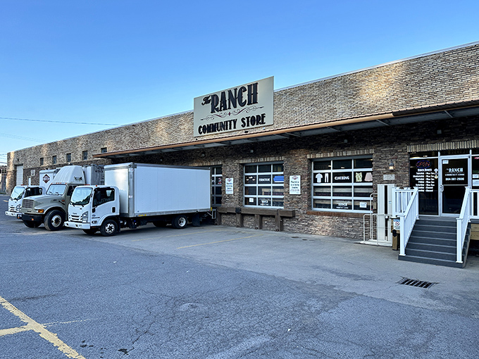 The unassuming brick exterior of The Ranch Community Store &ndash; proof that treasure hunting doesn't require a fancy facade, just patience and a keen eye. 