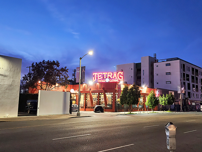 The unmistakable terracotta fortress of fashion history stands proudly on La Brea Avenue, beckoning vintage hunters with its distinctive architectural charm.