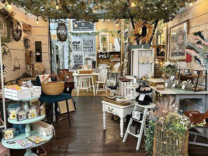 Step inside and discover a world where every corner tells a story&mdash;this booth's artificial tree canopy creates a magical shopping forest.
