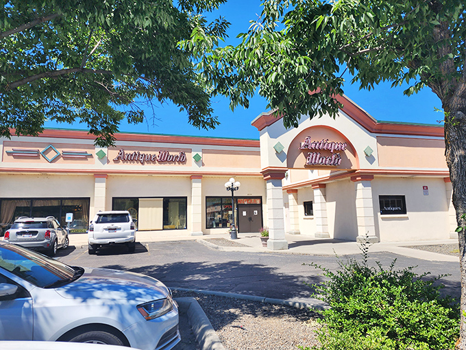 The iconic fa&ccedil;ade of Antique World Mall calls to treasure hunters with its retro signage and the promise of timeless discoveries waiting just beyond its doors.