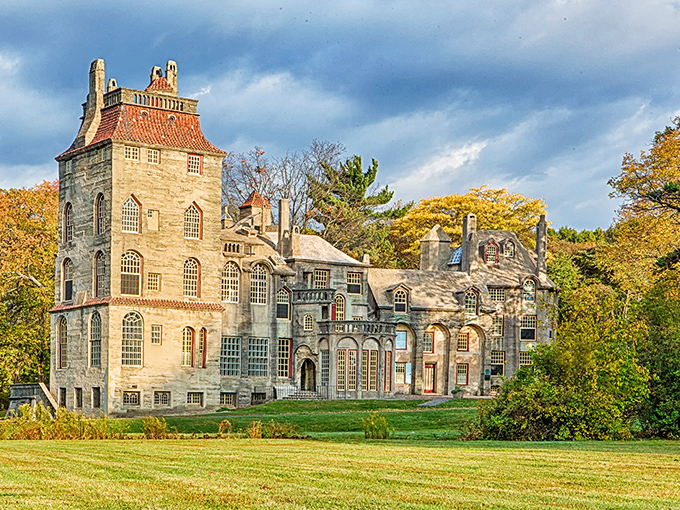 Autumn transforms Fonthill into a fairytale vision, where golden foliage frames this eccentric concrete masterpiece that looks like Hogwarts' quirky American cousin.