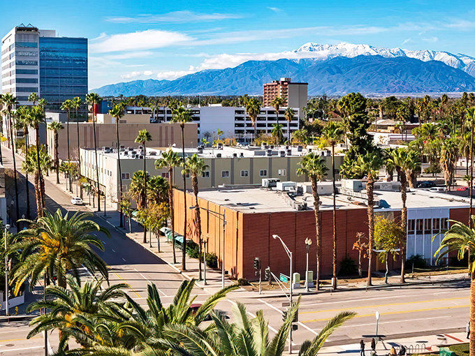 Downtown San Bernardino offers that quintessential California contrast&mdash;modern architecture against the backdrop of snow-capped mountains, all under impossibly blue skies.