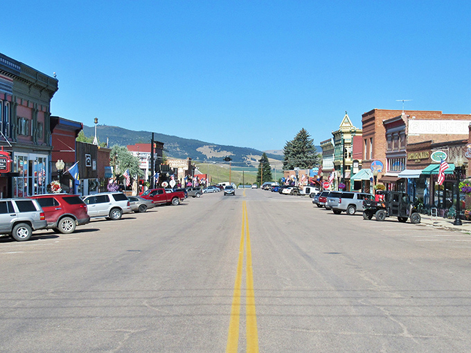 Broadway Street stretches before you like a Western movie set come to life, with the Flint Creek Range providing a backdrop worthy of a John Ford film.