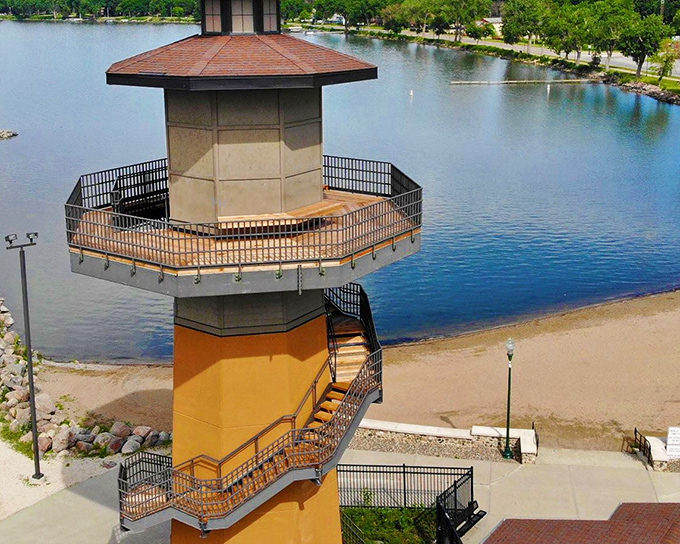 This striped beauty stands guard like Iowa's answer to a candy cane, welcoming visitors with Midwestern charm.