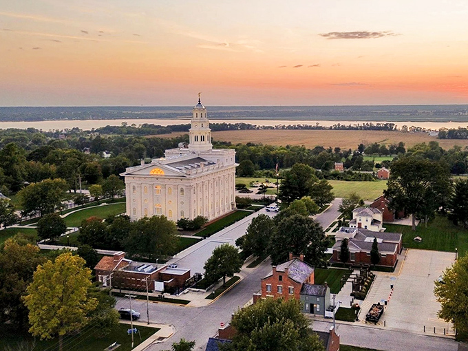 Golden hour magic transforms Nauvoo's temple and historic district into something straight out of a storybook painting.