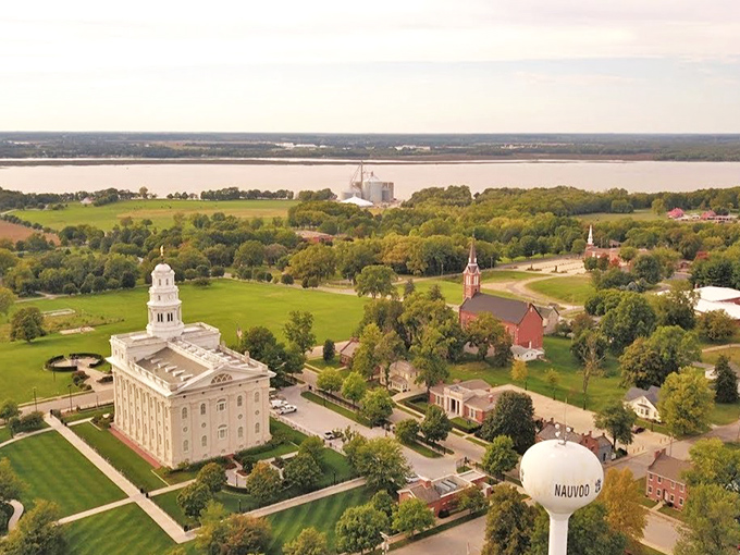 Nauvoo from above looks like a movie set where time decided to take a leisurely coffee break. The gleaming temple stands sentinel over brick buildings and the mighty Mississippi beyond.
